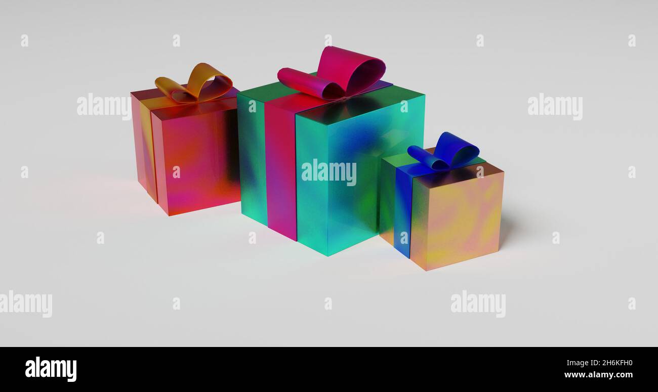 Three gifts in multi-colored packaging 3d rendering Stock Photo - Alamy