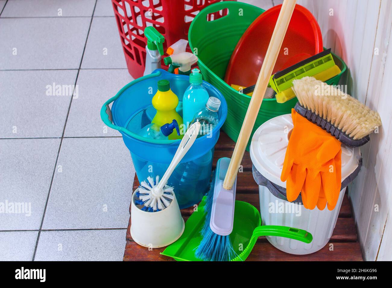 Variety of cleaning products on the floor for disinfecting Stock Photo ...