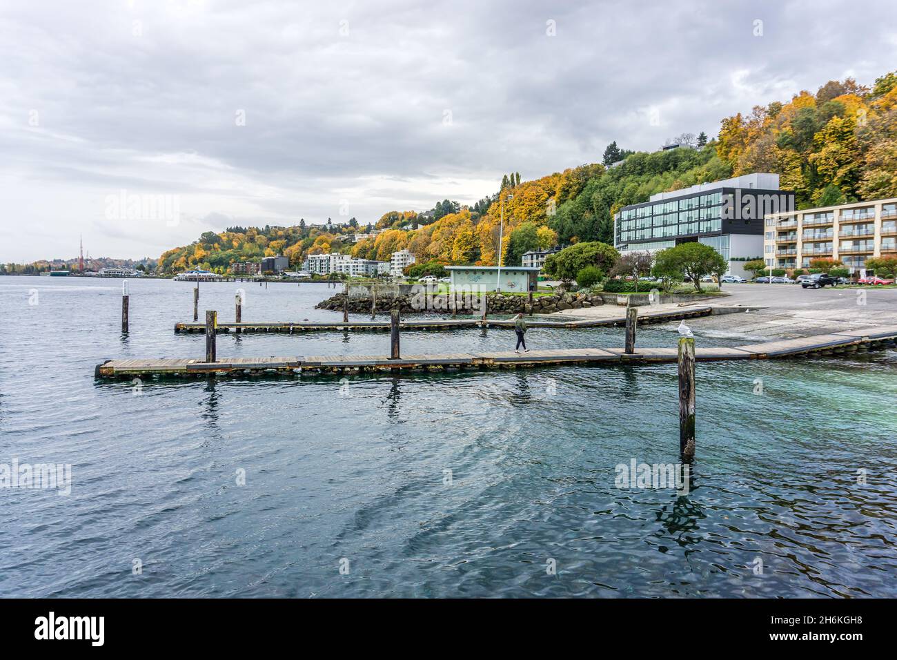 West Seattle waterfront with fall colors on a cloudy day Stock Photo ...