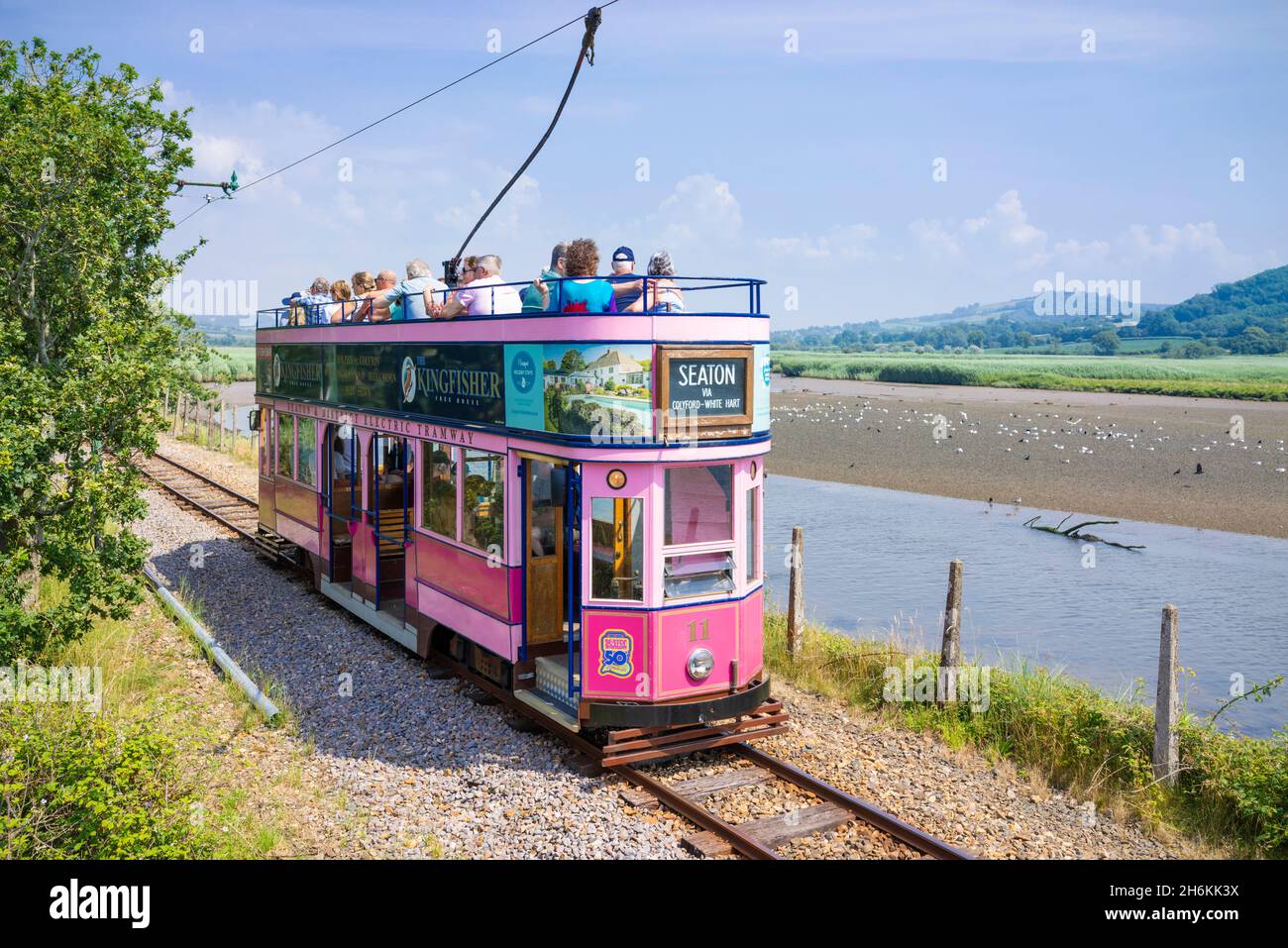 Historic tram on the track beside the Seaton wetlands on the historic ...