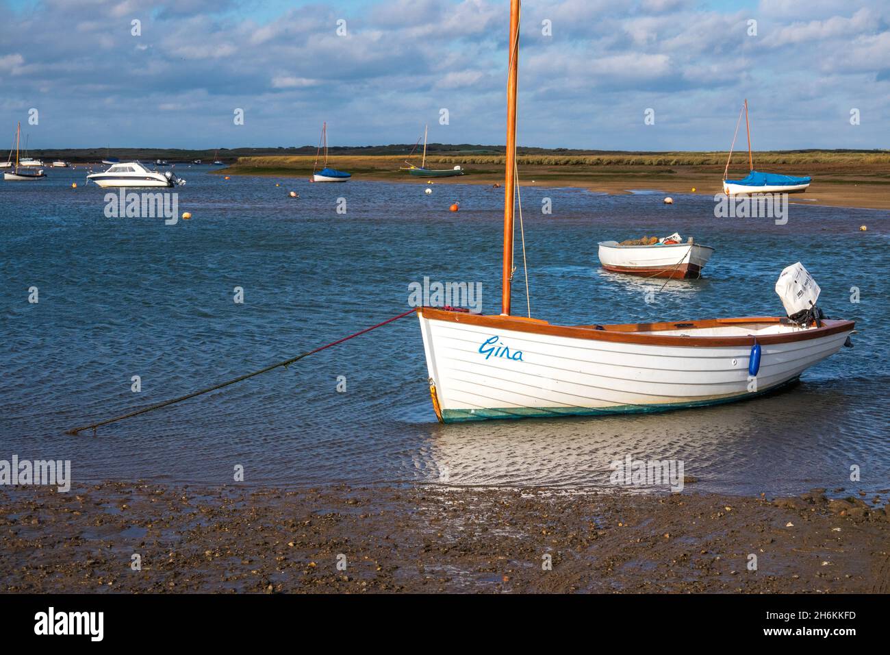Boats afloat in sunshine at Mow Creek Brancaster Staithe Harbour North ...