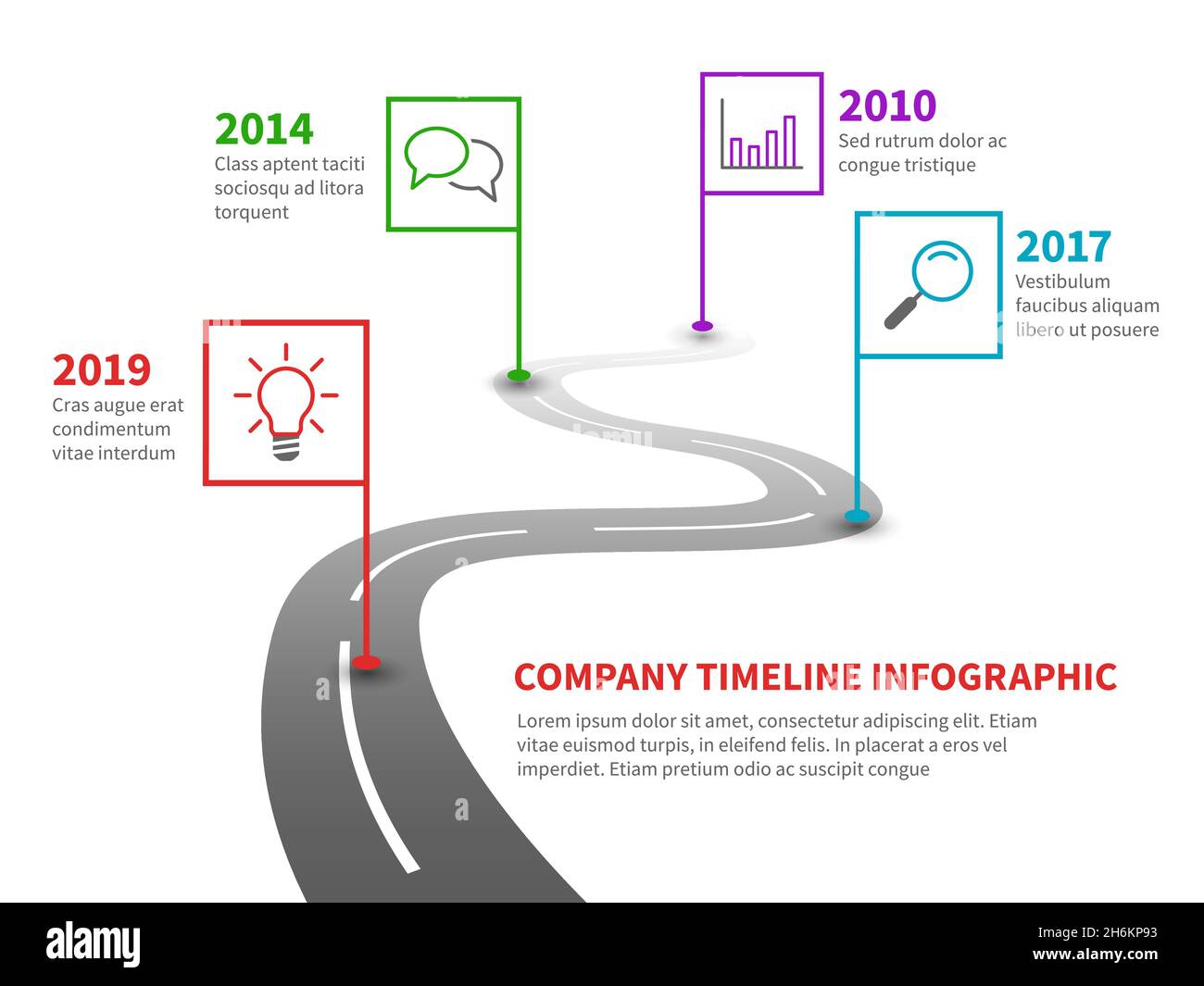 Company timeline. Milestone road with pointers, history process line ...