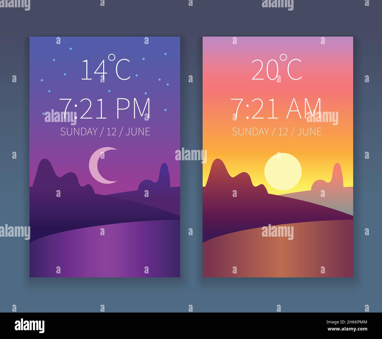 Day night app. Morning and evening sky. Nature landscape with trees ...