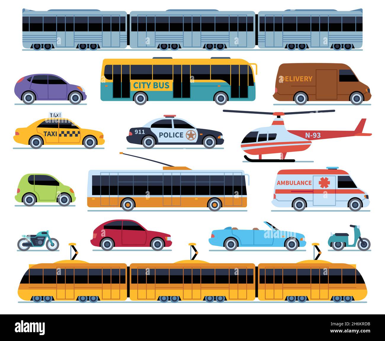 Car transport set. Vehicles city transportation. Cars trucks scooters ...