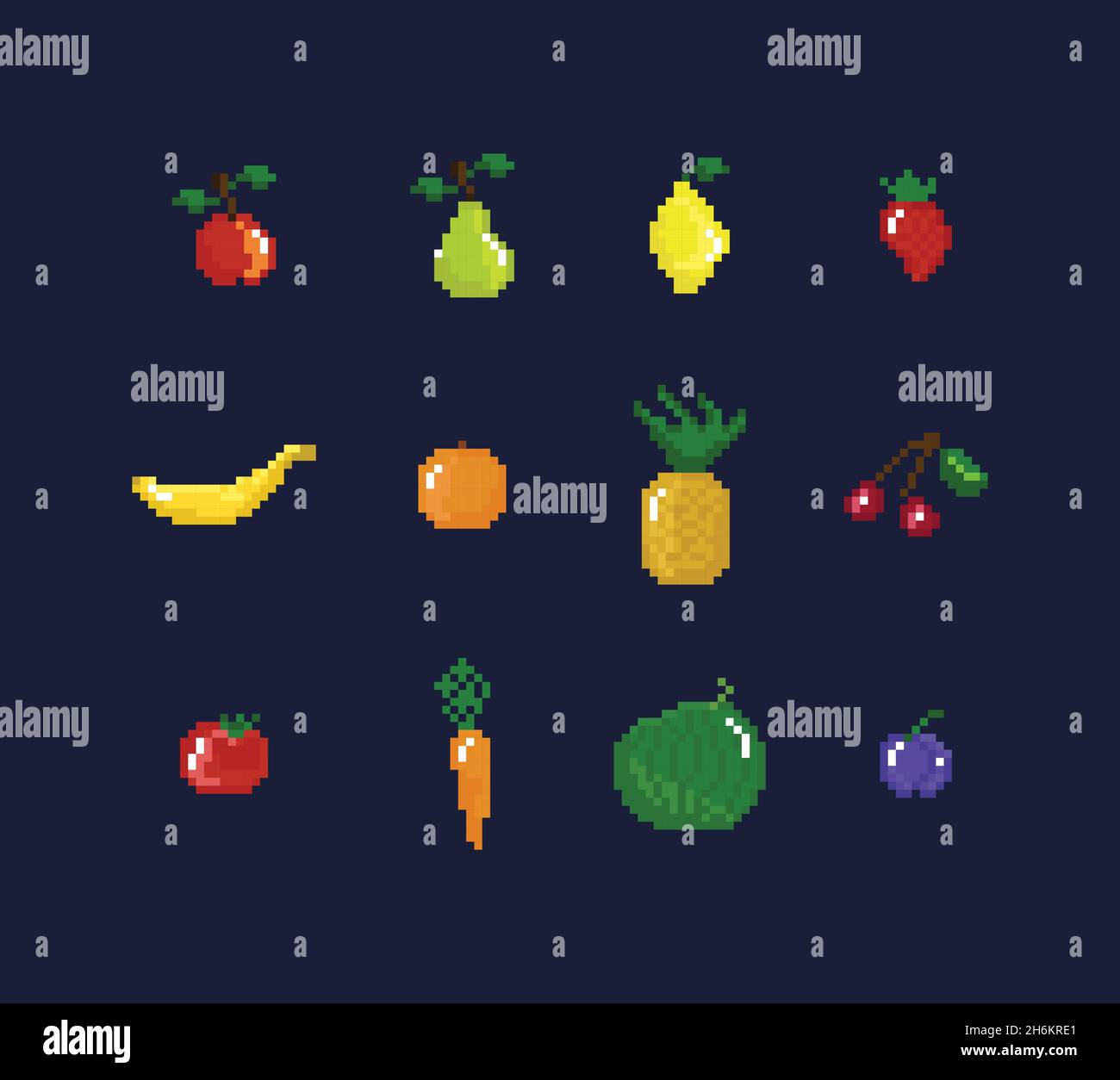 Vector pixel art illustration set - retro style fruits, vegetables and ...