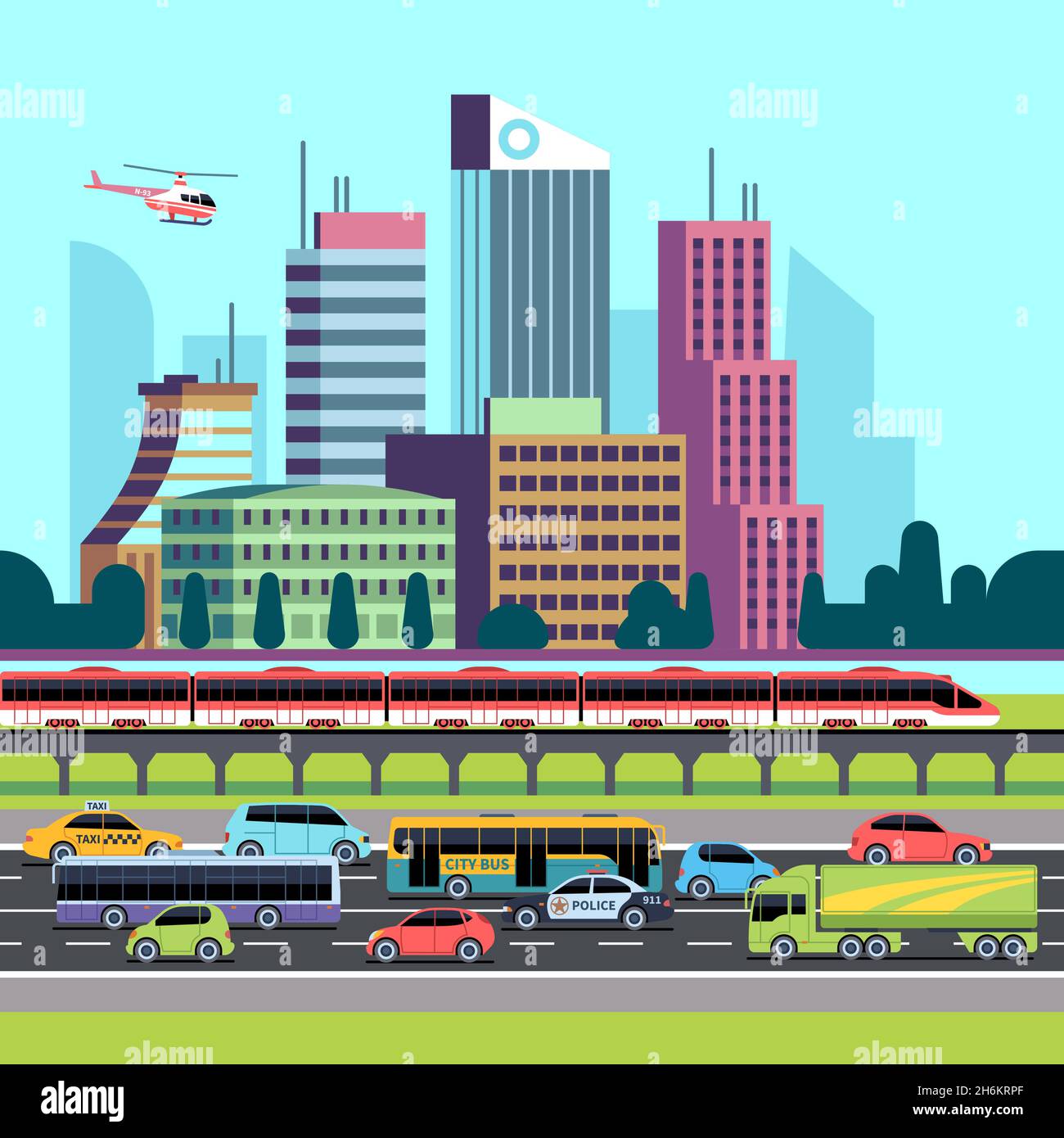 City street panorama. Street with cars and urban transport houses ...