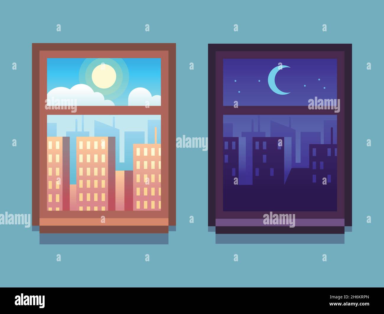 Day and night window. Cartoon skyscrapers at night with moon and stars ...