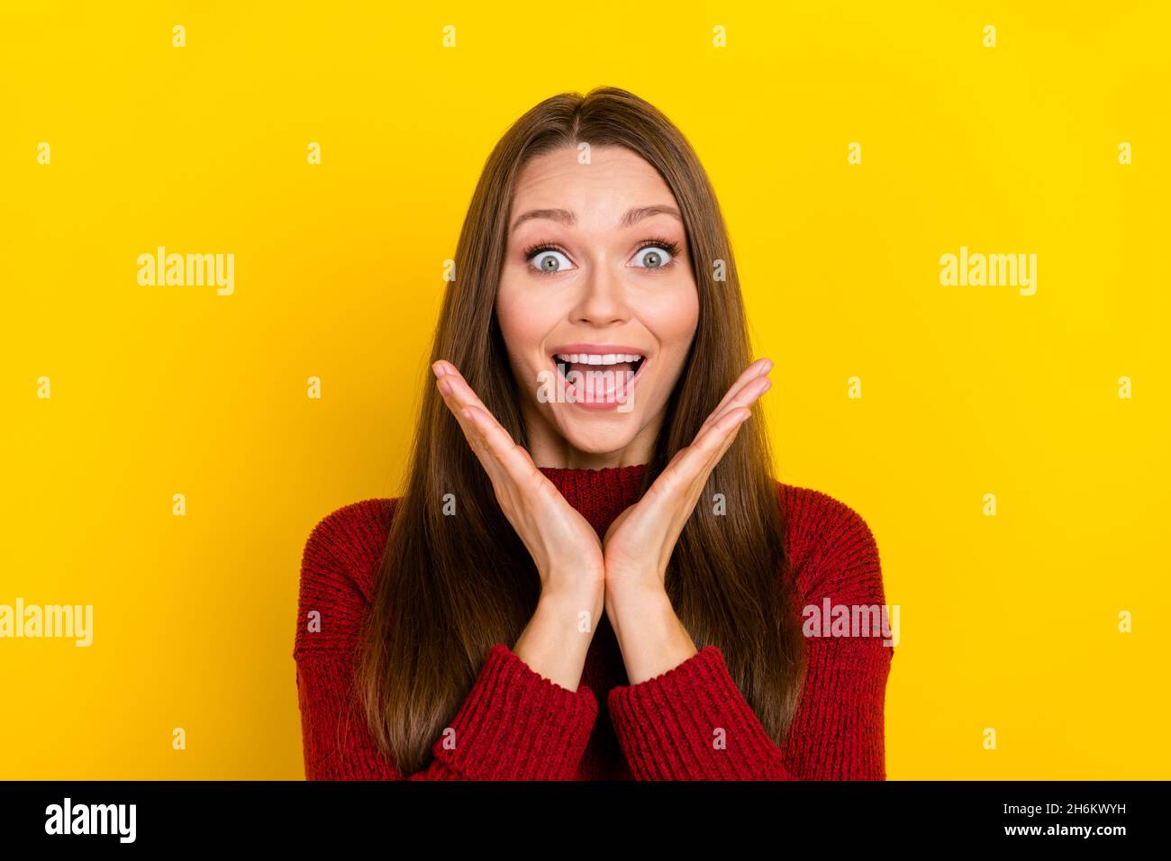 Photo Of Amazed Shocked Young Woman Hold Hands Face Astonished Sale