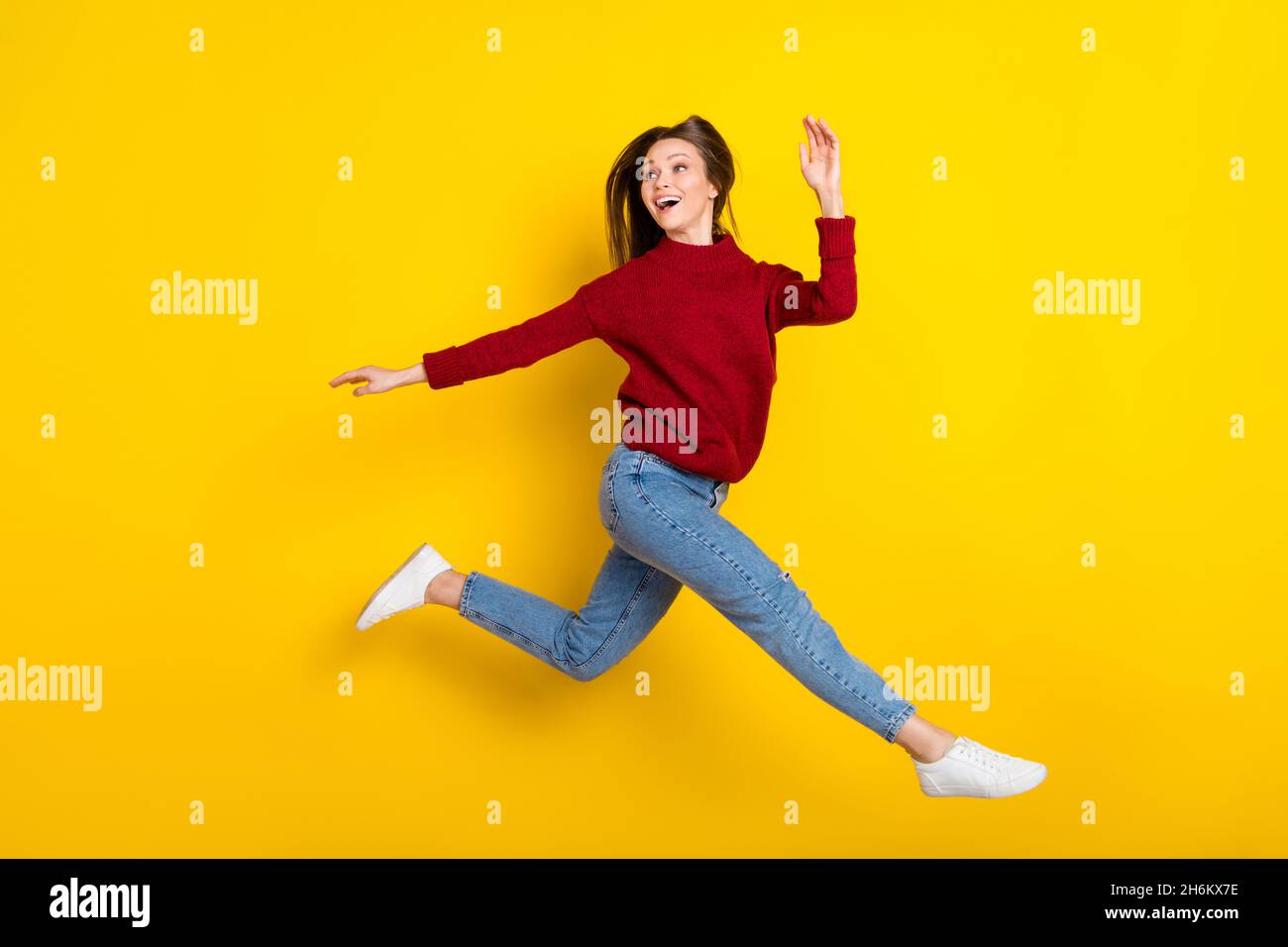 Full length profile side photo of young excited woman happy positive ...