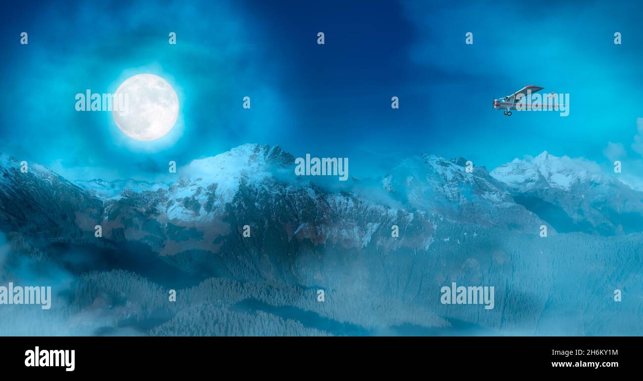 Magical night scene in nature. Mountain landscape with big moon in sky ...