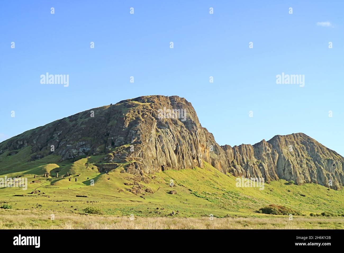 Rano Raraku volcano, the legendary Moai quarry with a large group of ...