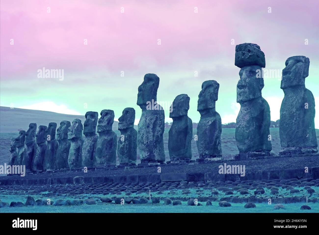 Pop Art Style Purple Blue Colored Moai stone statues of Ahu Tongariki ...