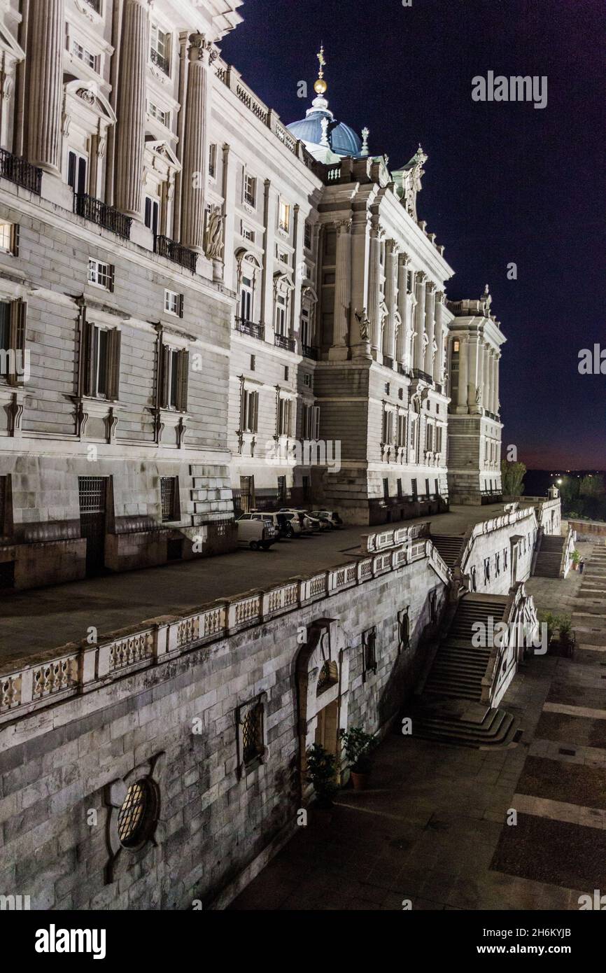 Evening view of Palacio Real Royal Palace in Madrid, Spain Stock Photo ...