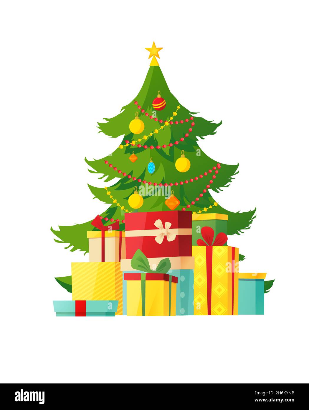 Decorated Christmas tree with different gift boxes under it. Vector ...
