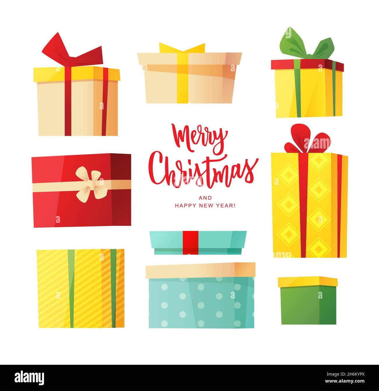 Different gift boxes. Merry Christmas hand lettering text. Vector ...