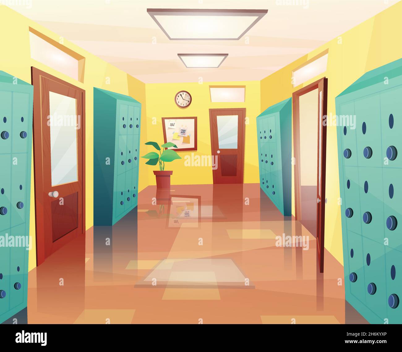 School, college hallway with open and closed doors, storage lockers ...