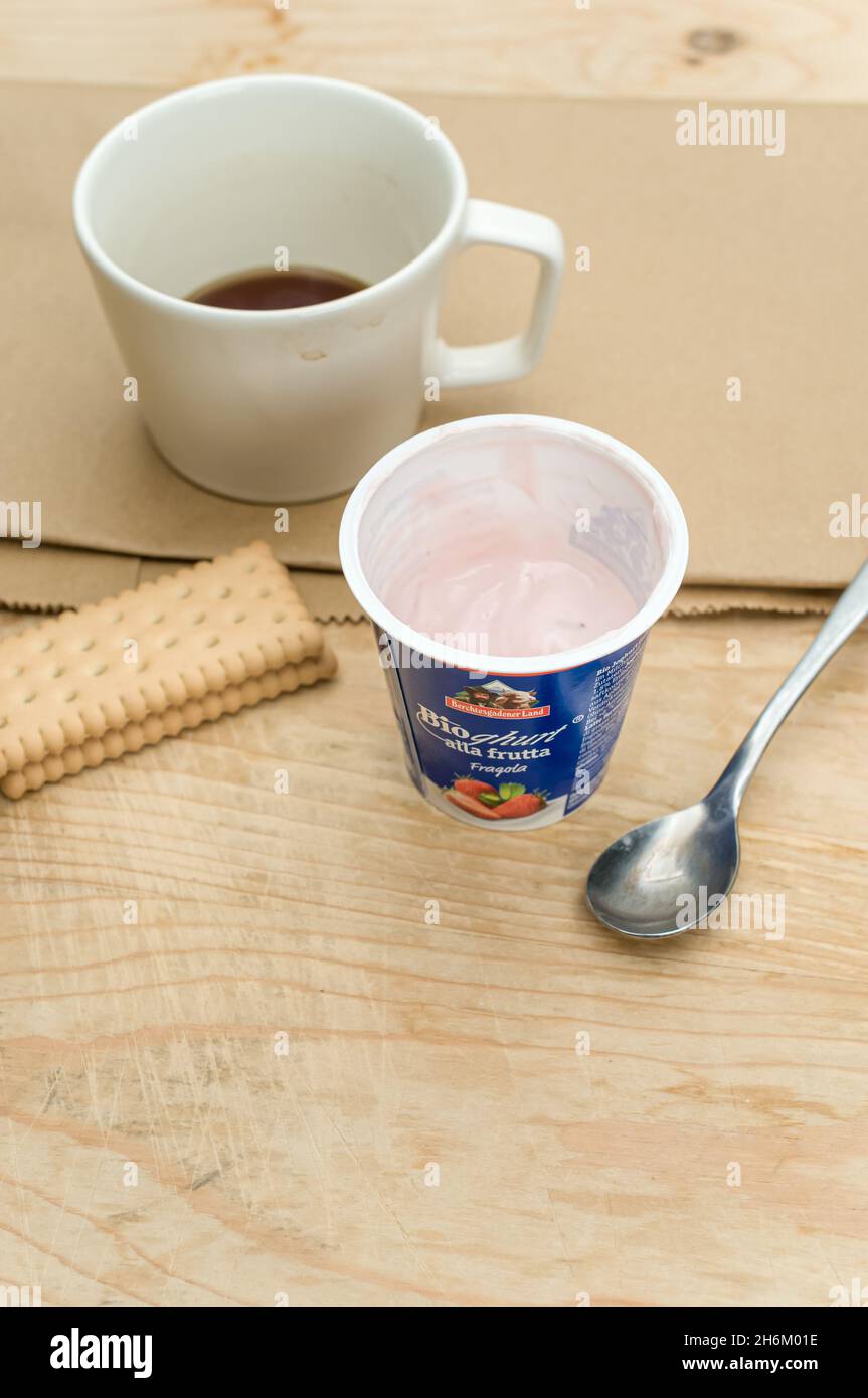 INVERIGO, ITALY - Nov 12, 2021: strawberry organic yogurt cup and ...