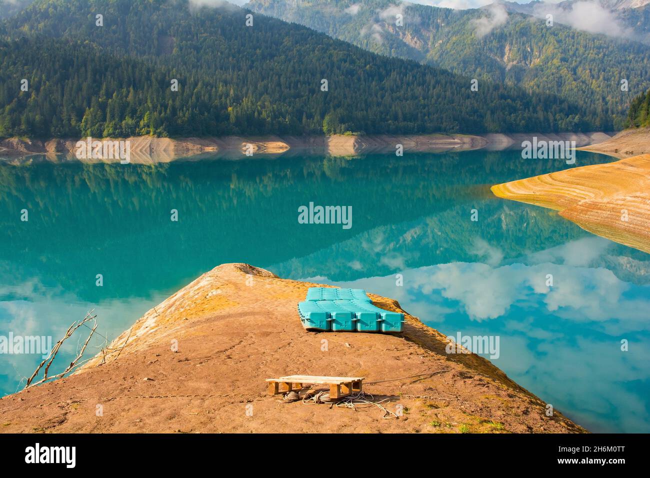 Low water in Sauris Lake, Italy, late September. The lake is artificial ...