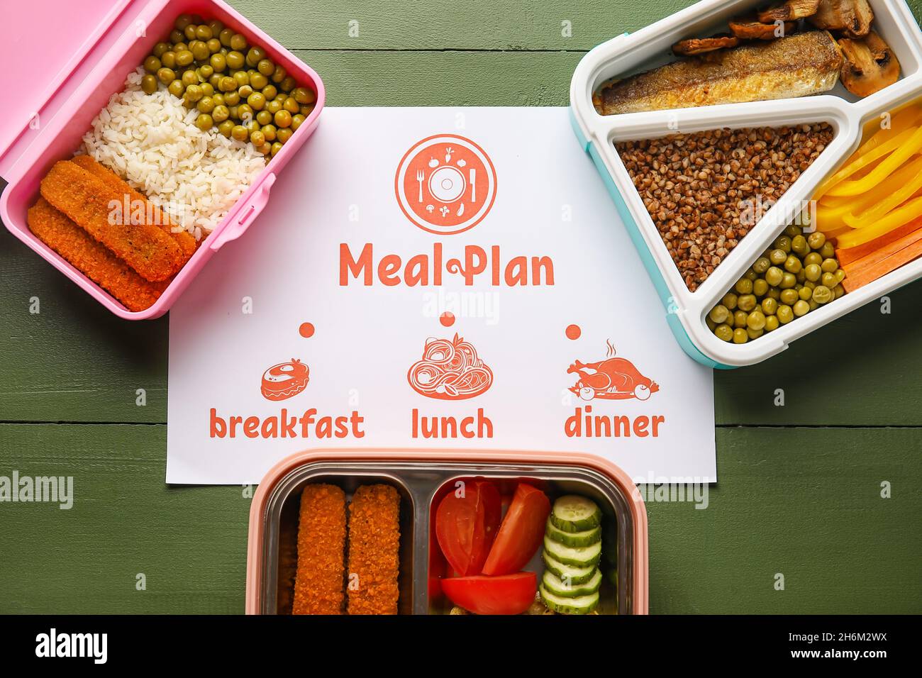 Containers with different food and meal plan on color wooden background ...