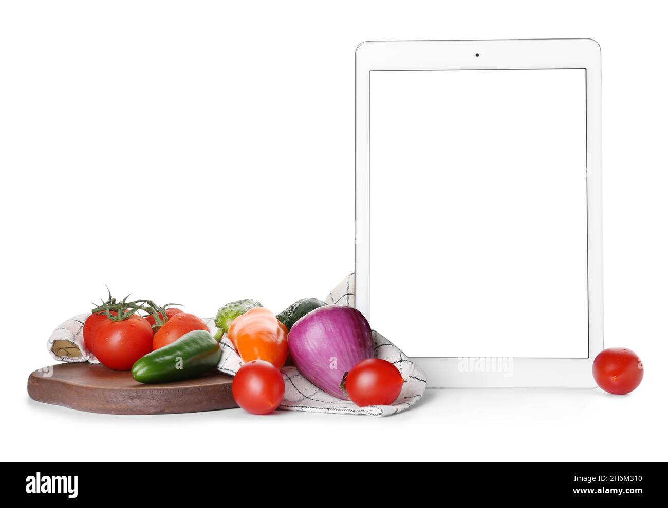 Composition with digital recipe book on white background Stock Photo ...
