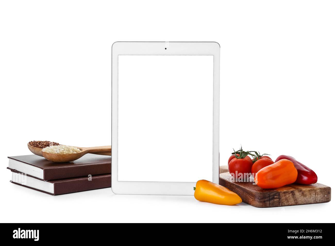 Composition with digital recipe book on white background Stock Photo ...
