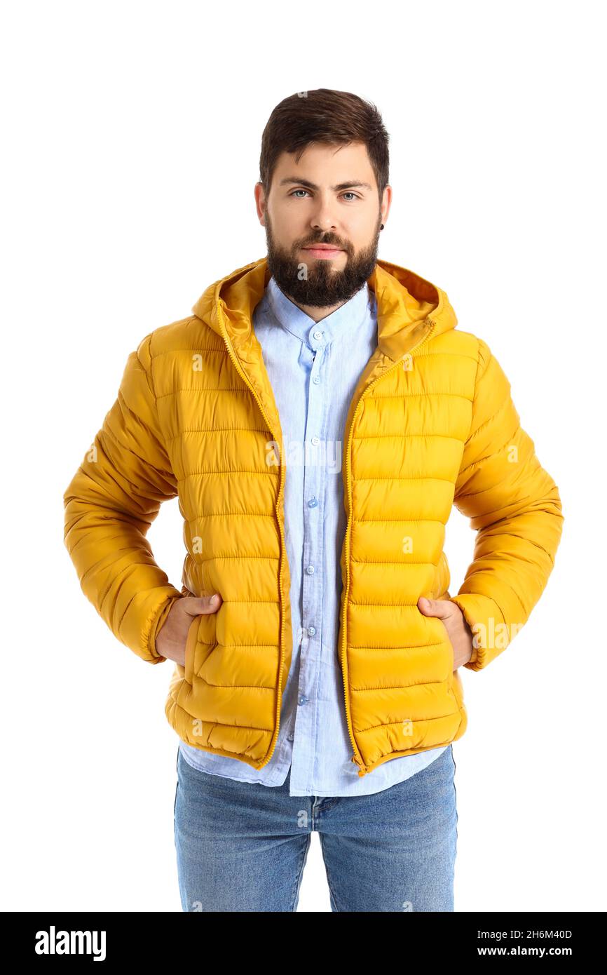 Handsome man in yellow jacket on white background Stock Photo - Alamy