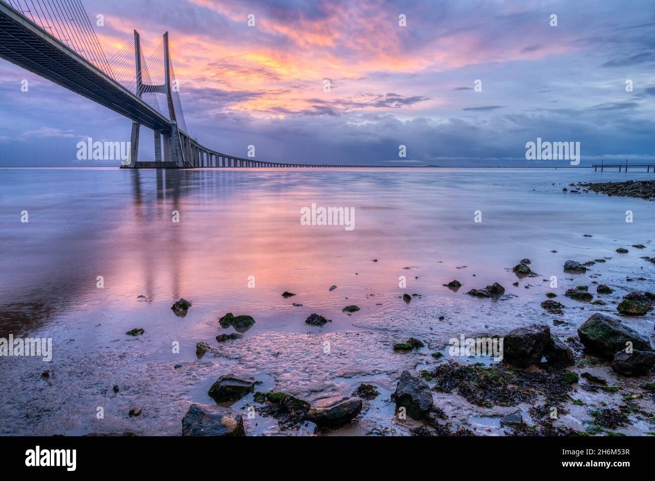 The Vasco da Gama bridge across the river Tagus in Lisbon, Portugal, at ...