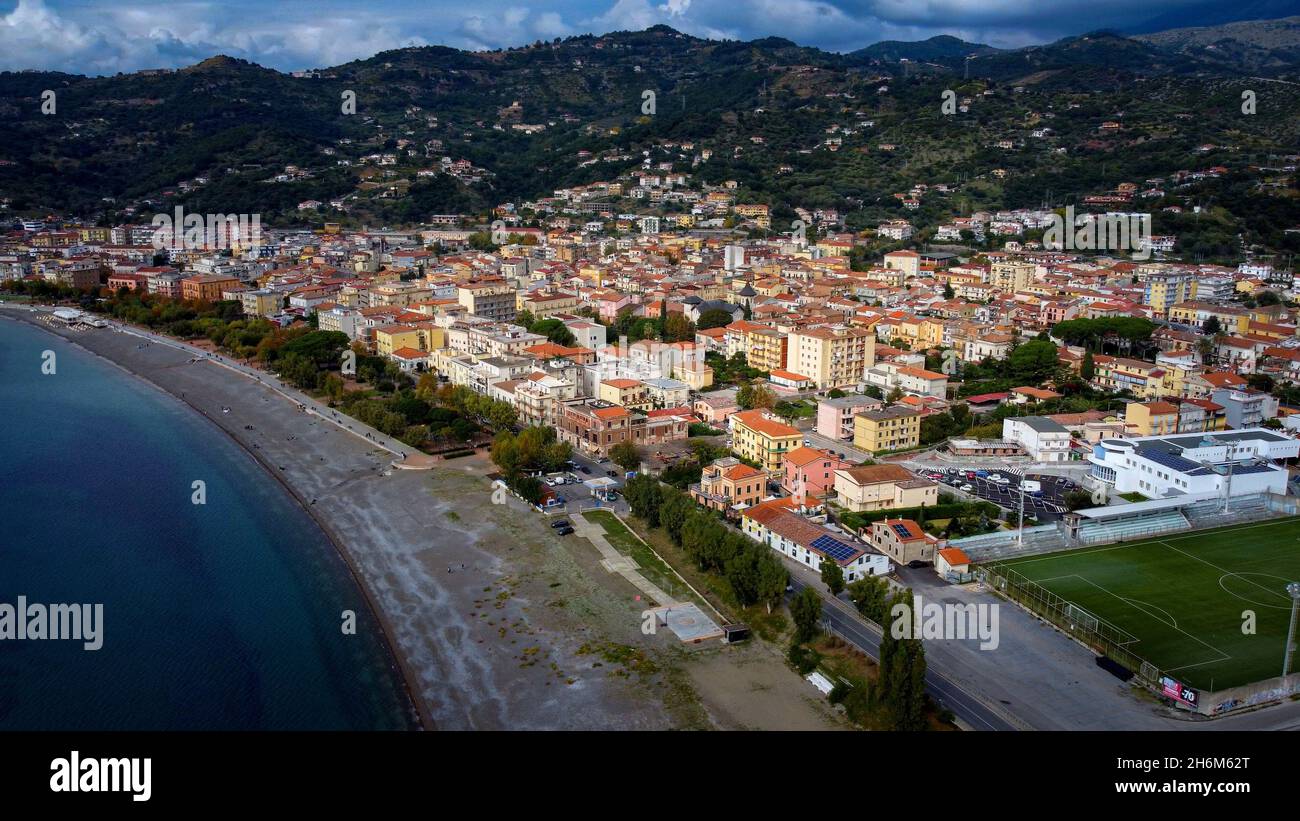 The beach of Sapri at the Italian west coast - aerial view Stock Photo ...