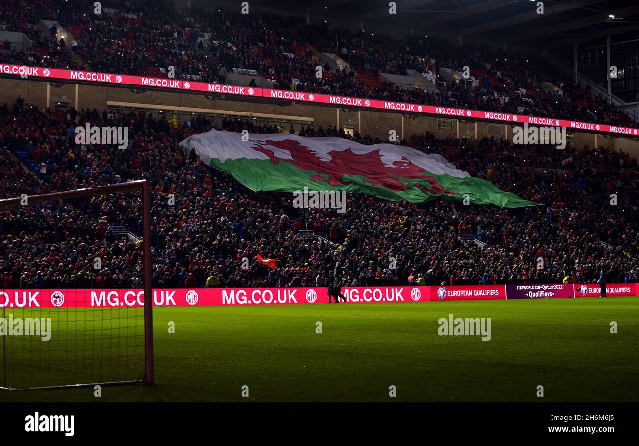 Wales fans with a giant flag in the stands during the FIFA World Cup ...