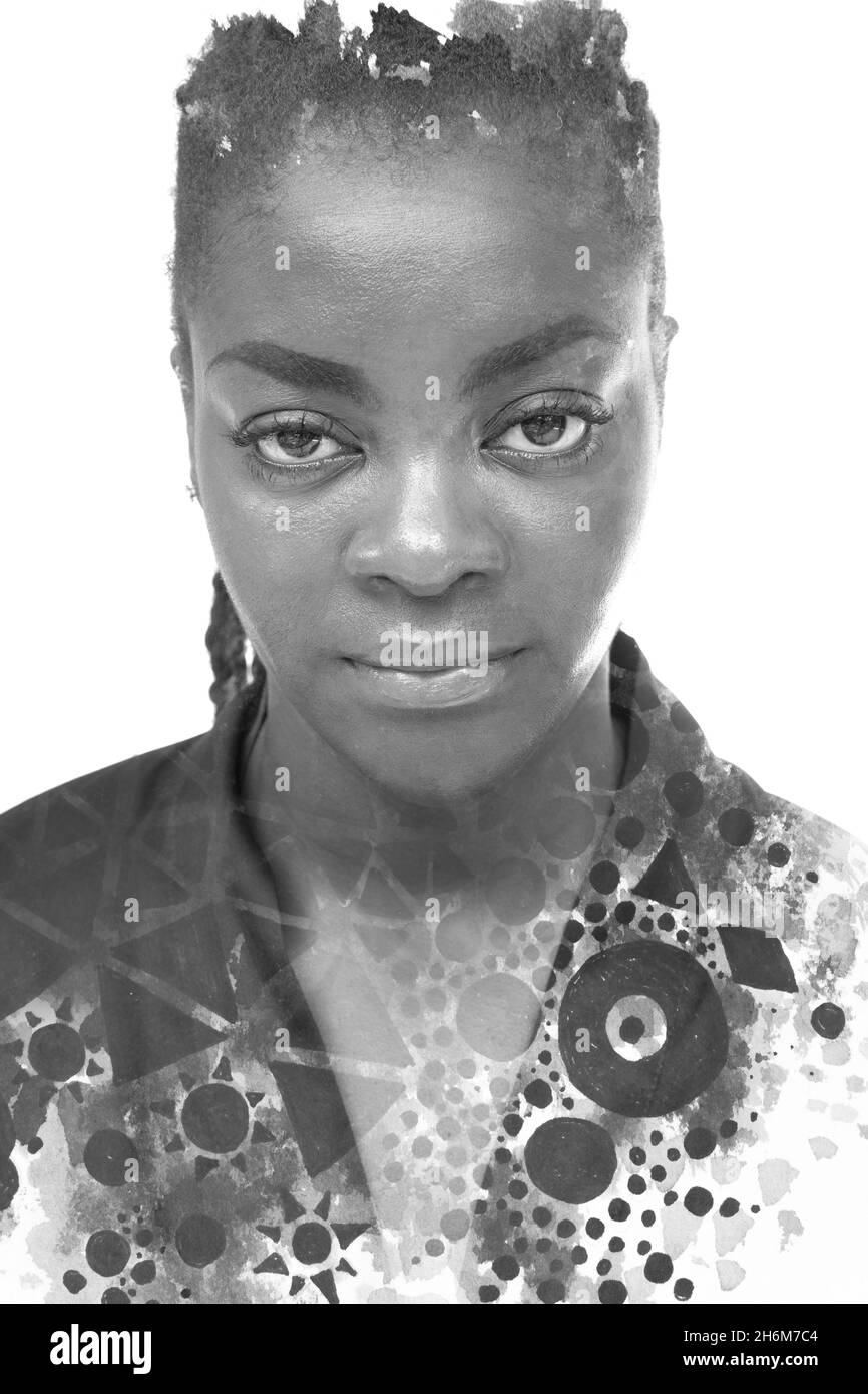 A full face portrait of a woman combined with an abstract ink painting ...