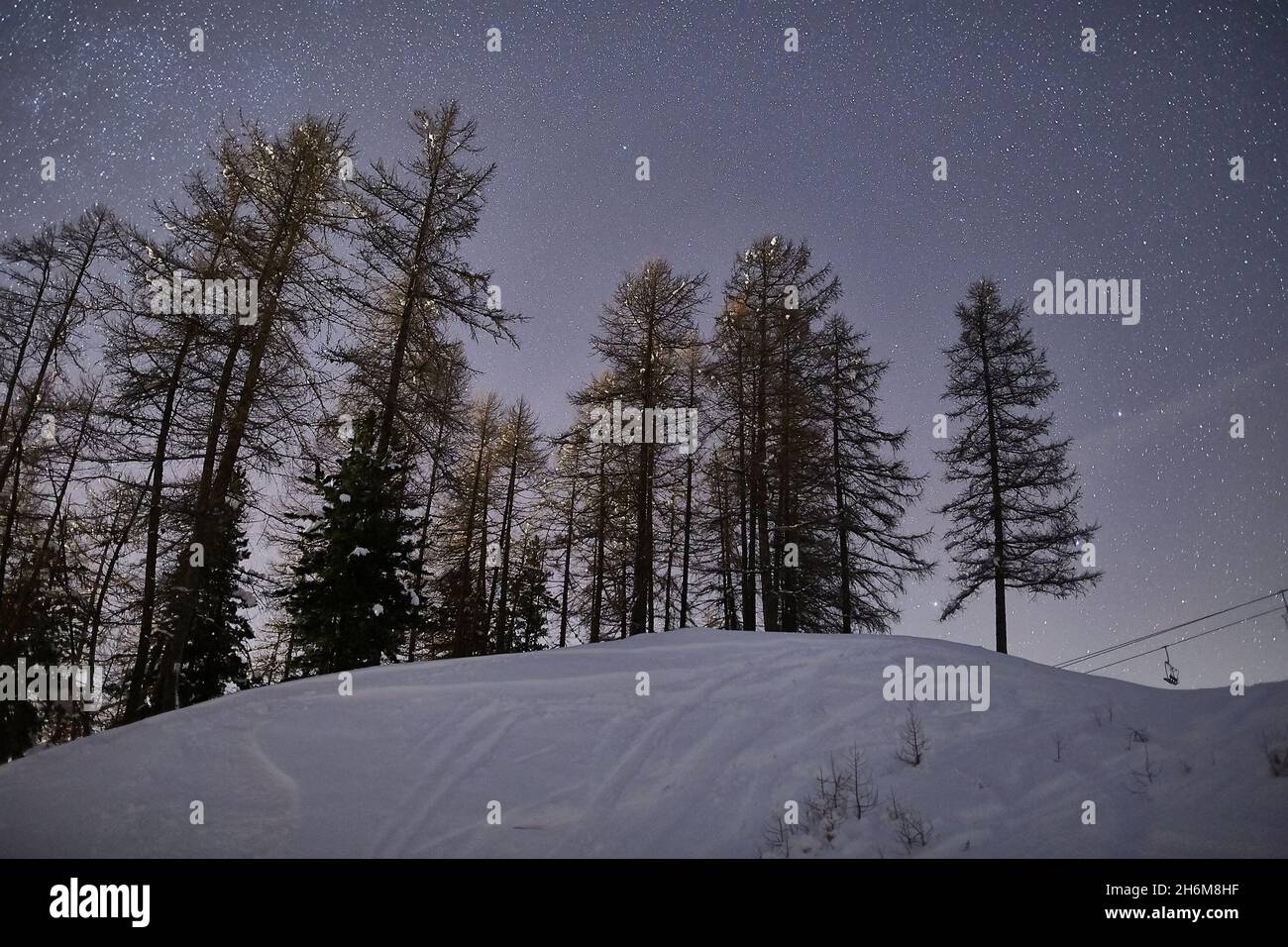 Winter Night Snowy Landscape, Mountains and Trees and Stars Stock Photo ...