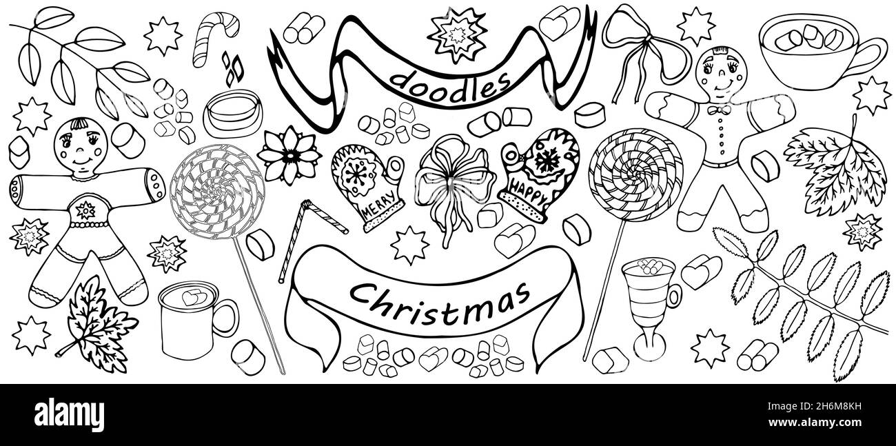 Christmas doodles in the outline. Set of elements for illustration ...