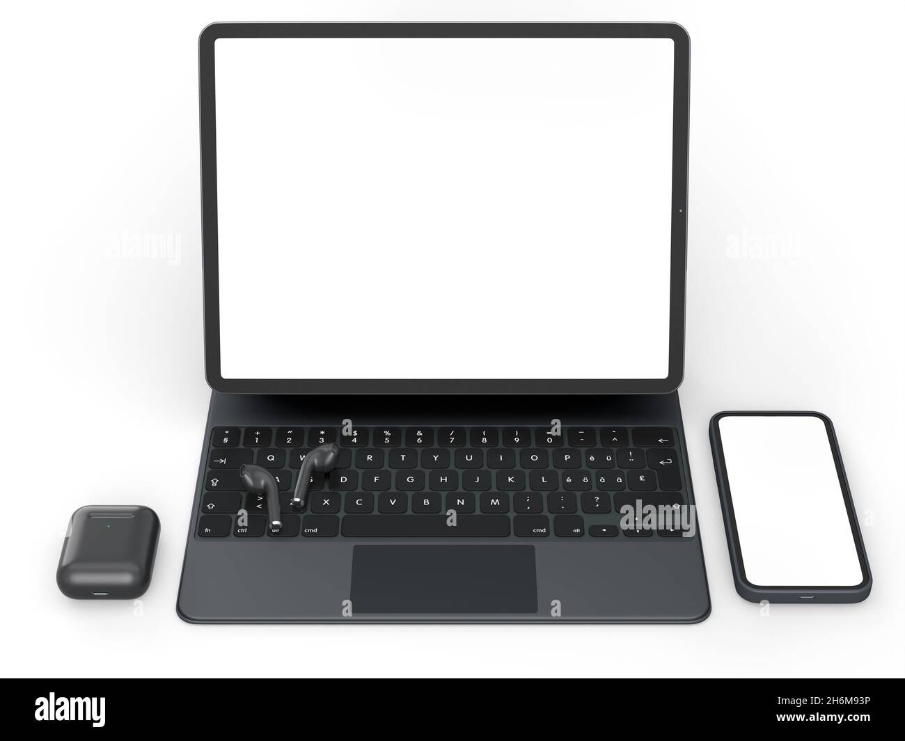 Aluminum laptop with mobile phone headphones on white background. 3D ...