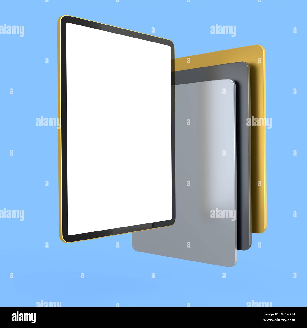 Set of computer tablets with cover case and blank screen isolated on ...