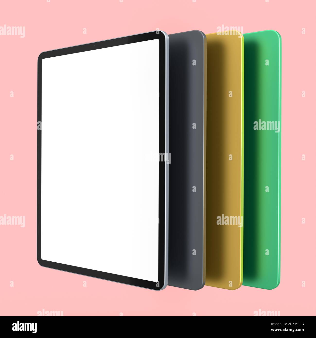 Set of computer tablets with cover case and blank screen isolated on ...