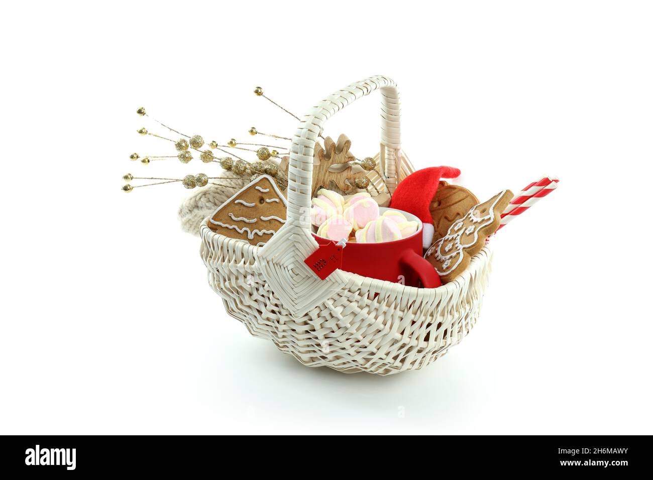 Concept of gift with Christmas basket isolated on white background ...