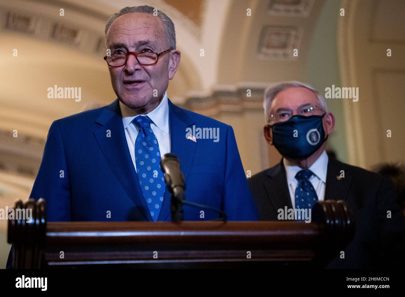 Senator Chuck Schumer (D-N.Y.), the Senate Majority Leader, speaks ...