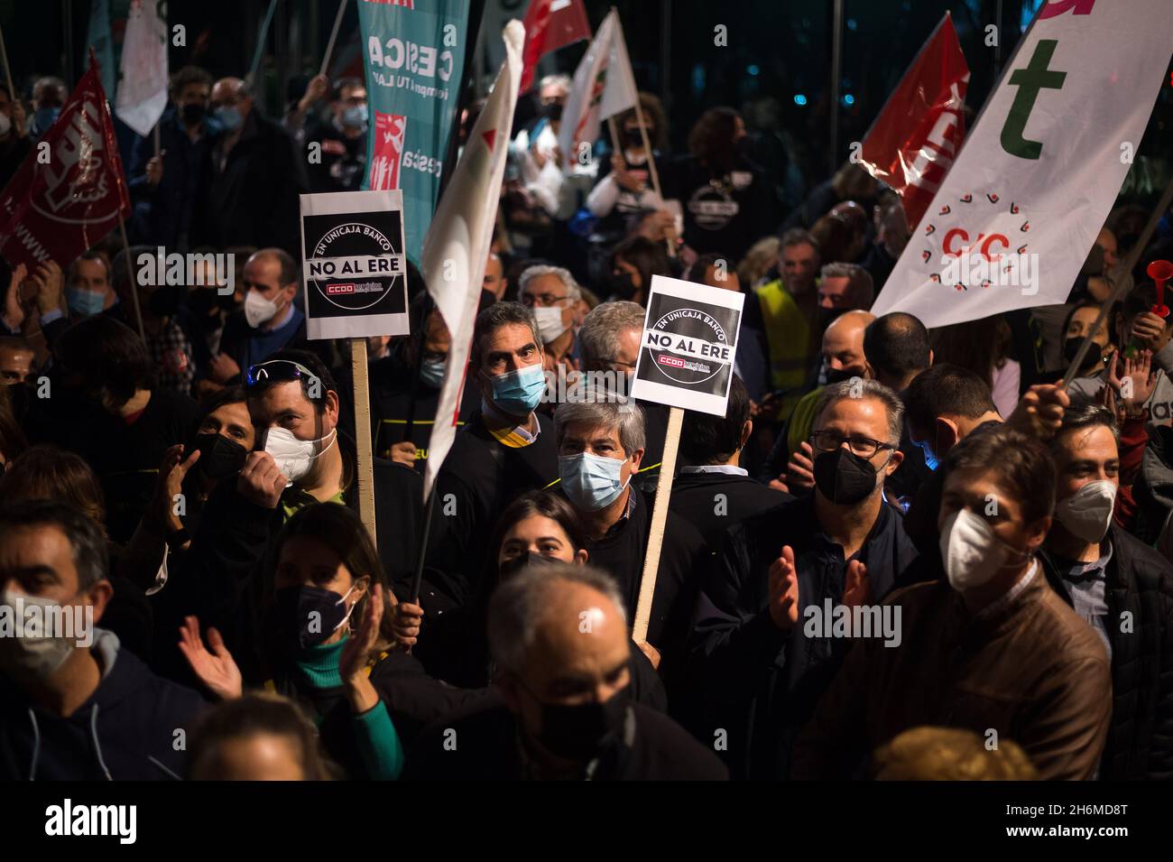 Malaga, Spain. 16th Nov, 2021. Protesters hold placards and flags ...