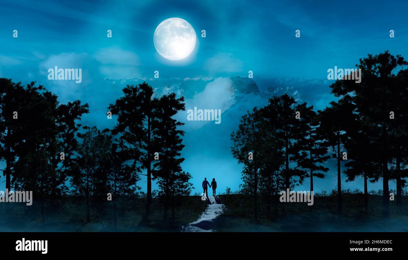 Magical night scene in nature. Mountain landscape with big moon in sky ...