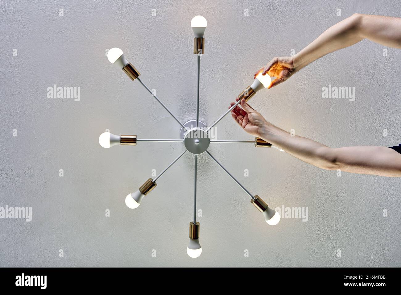 LED light bulbs in ceiling lamp, hand of person screw in lighting bulb ...
