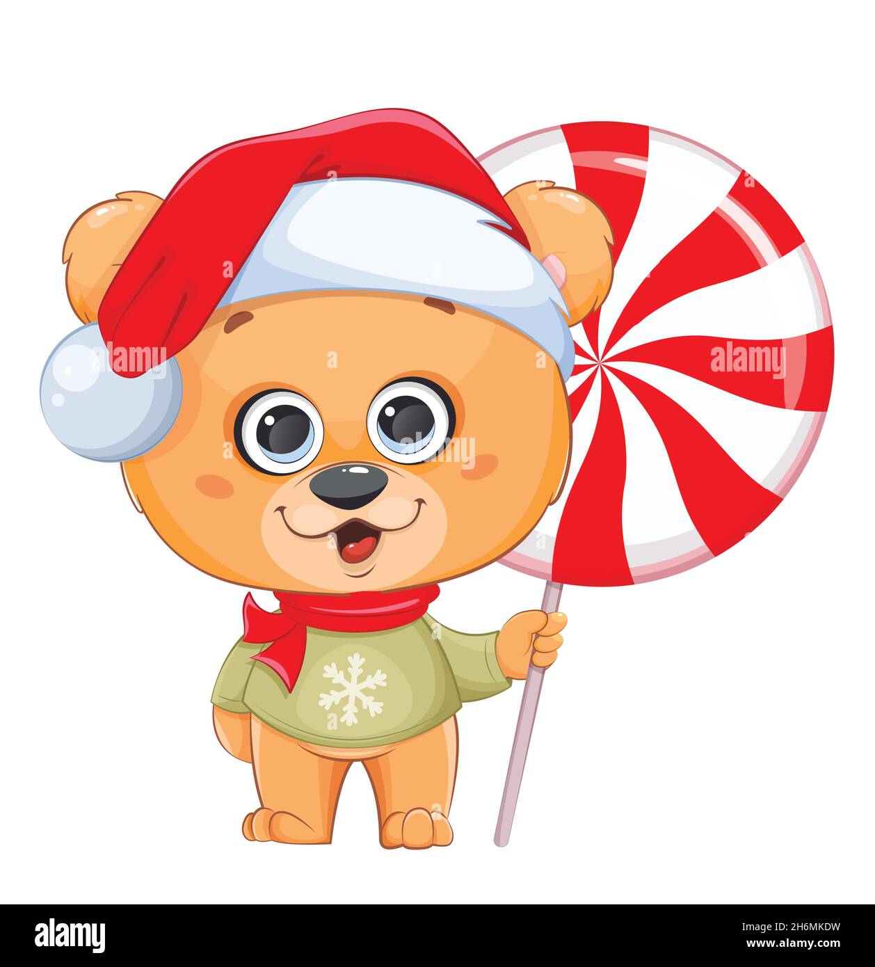 Merry Christmas. Funny bear in Santa hat holding big sugar candy on a ...