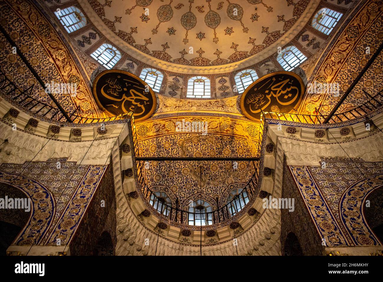 Low angle of decorated ceils inside New Mosque Fatih in ?stanbul ...