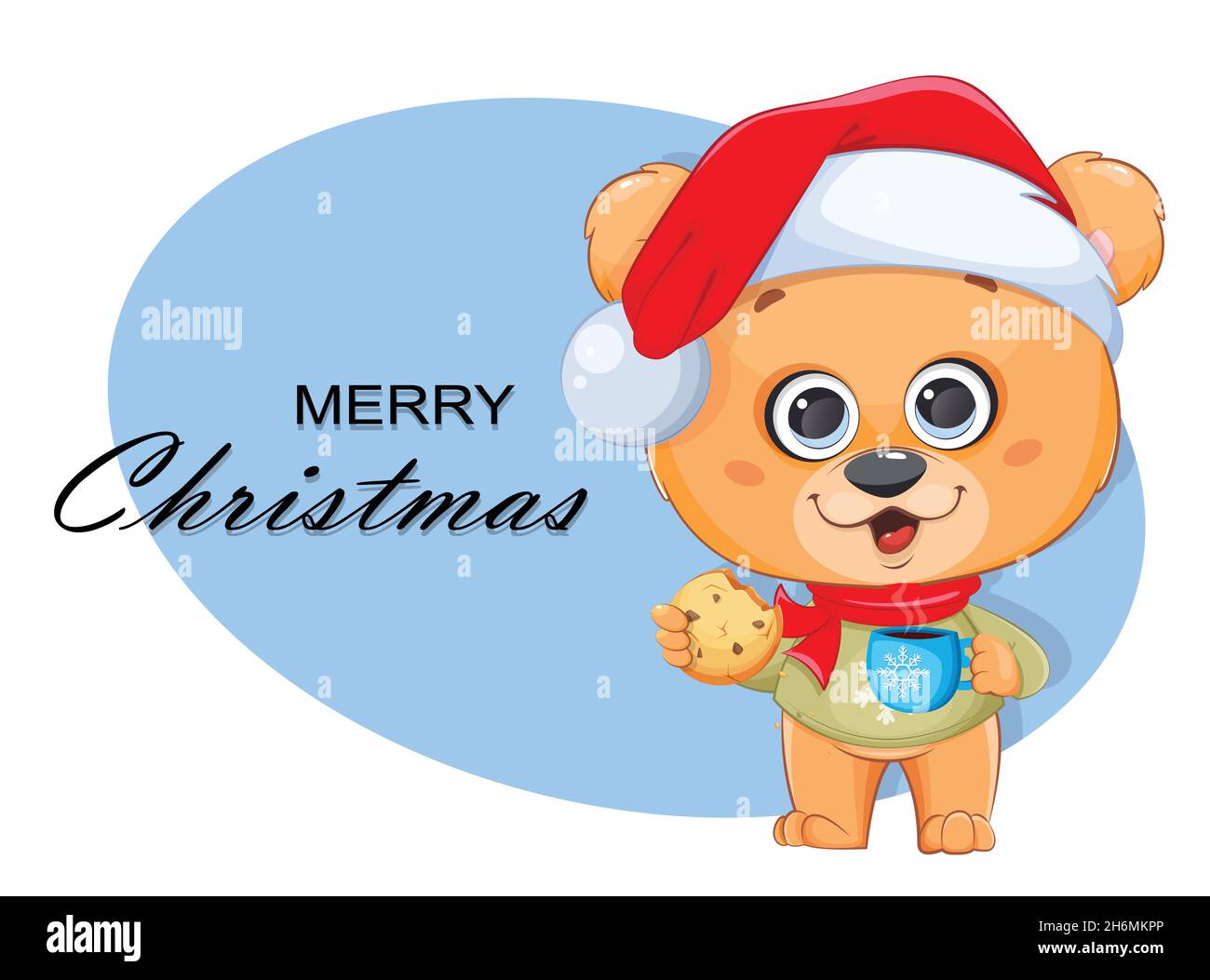 Merry Christmas greeting card. Funny bear in Santa hat drinking cocoa ...
