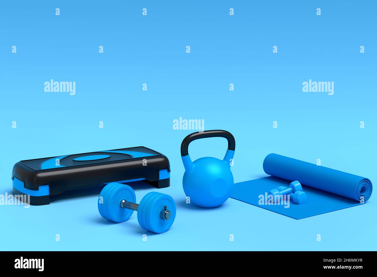 Isometric view of sport equipment like yoga mat, dumbbell and stepper ...