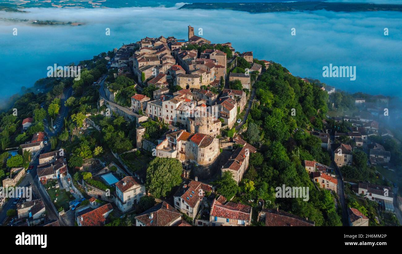 The southern French medieval village of Cordes-sur-Ciel from the air ...