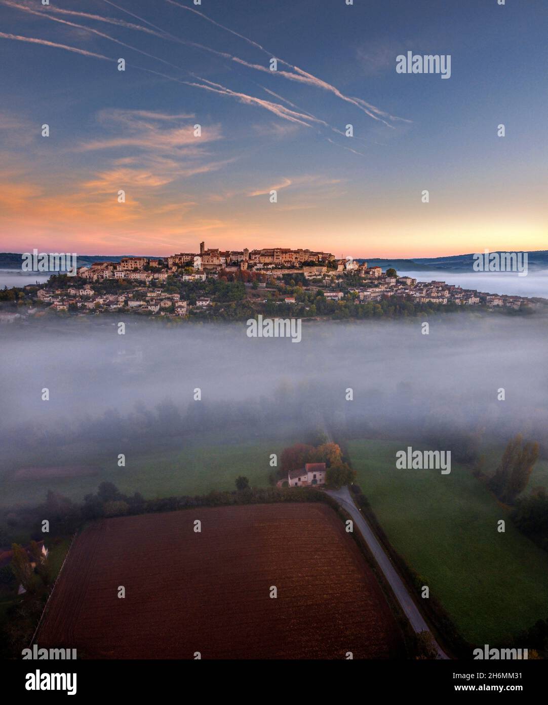 The southern French medieval village of Cordes-sur-Ciel from the air ...