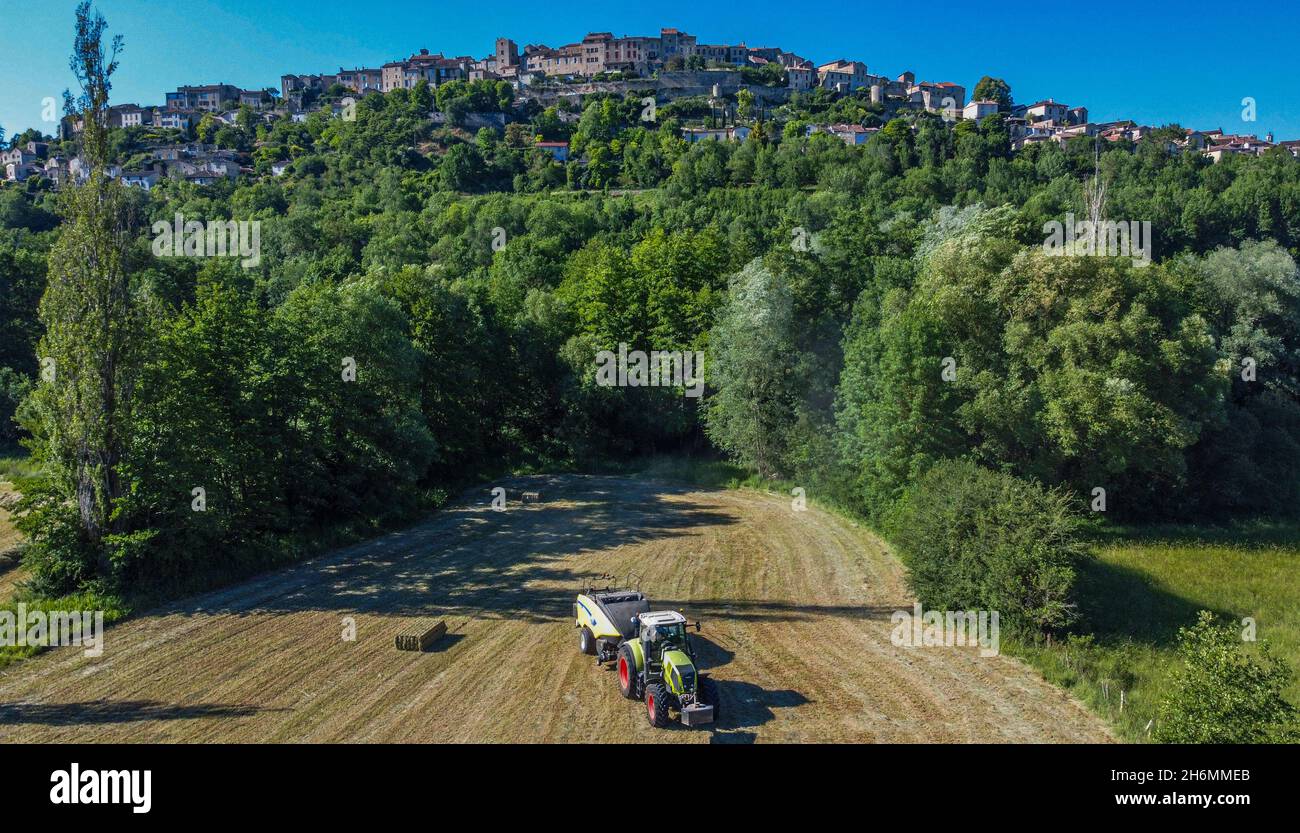 The southern French medieval village of Cordes-sur-Ciel from the air ...