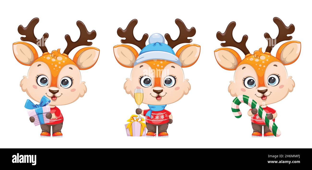 Cute baby deer. Cheerful little reindeer cartoon character, set of ...