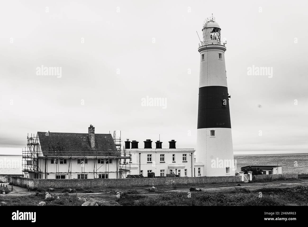 Grayscale shot of the Portland Bill Lighthouse on the Isle of Portland ...