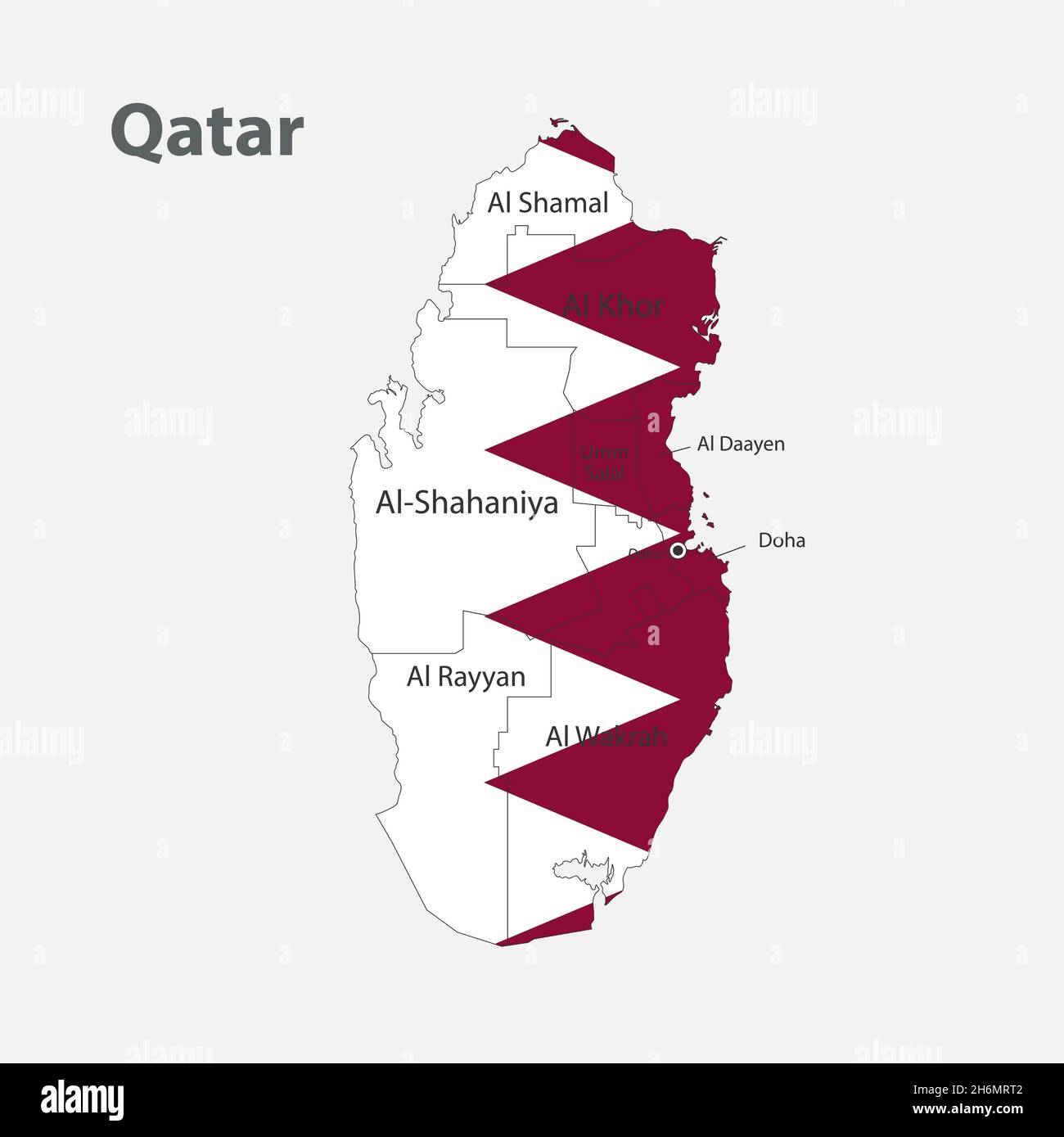 Map of the Qatar in the colors of the flag with administrative ...
